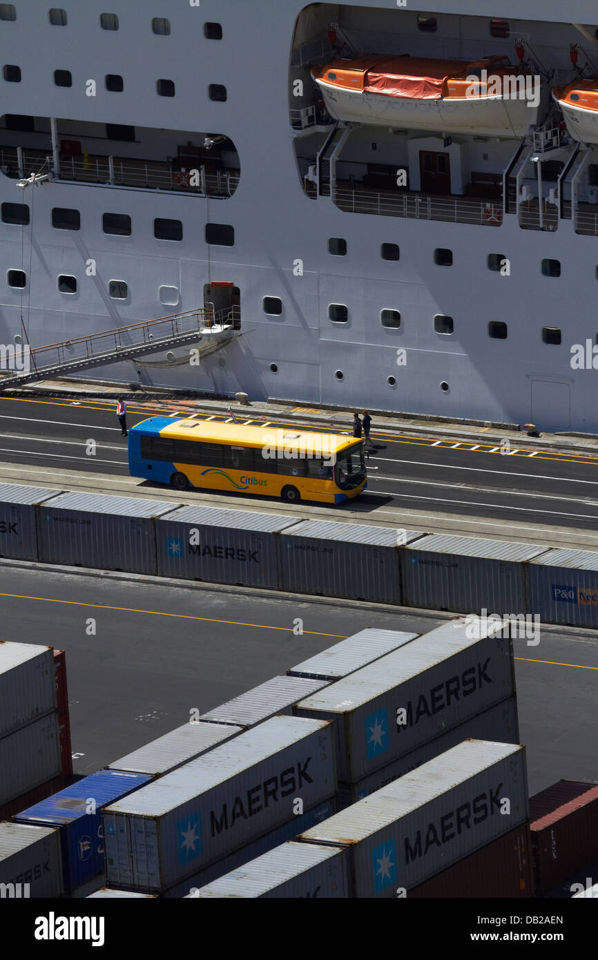 Cruise ship, bus and containers at Port Chalmers, Dunedin, Otago, South ...