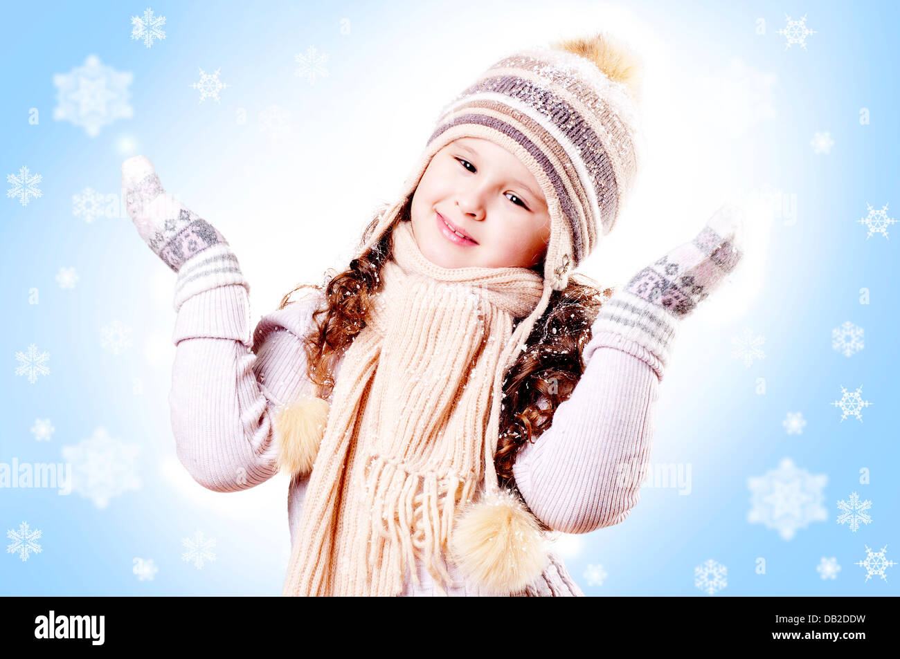 Winter Girl snow flake blue background Stock Photo - Alamy