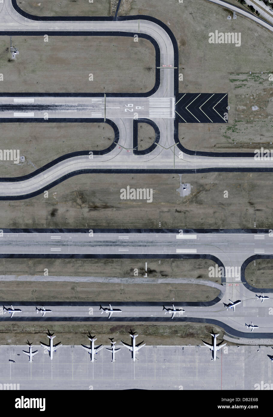 aerial photograph airliners taxiing for takeoff bear the runway ...