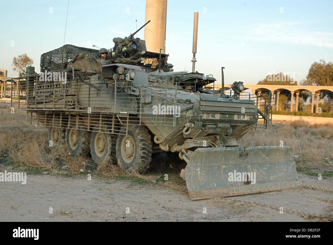 A M1133 Stryker Engineer Squad Vehicle is pictured on a road in Bagdad ...