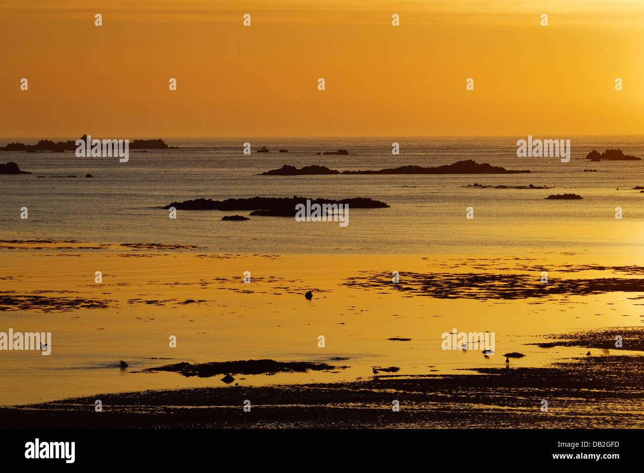 Sunset across L'Eree Bay Channel Islands, UK LA005914 Stock Photo - Alamy