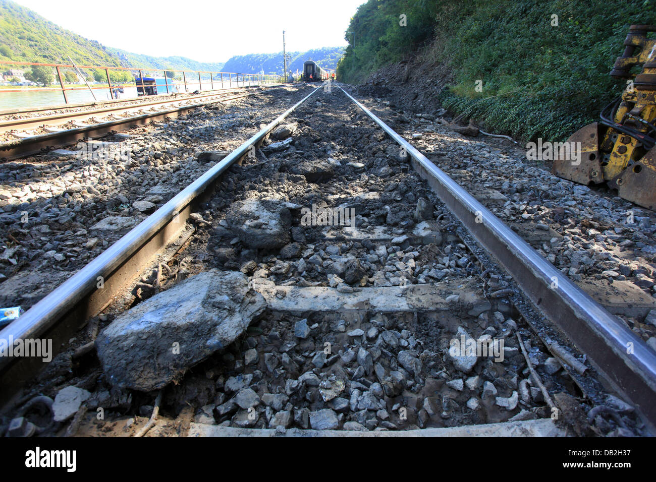 The damage to the tracks is clearly visible after the derailed train ...