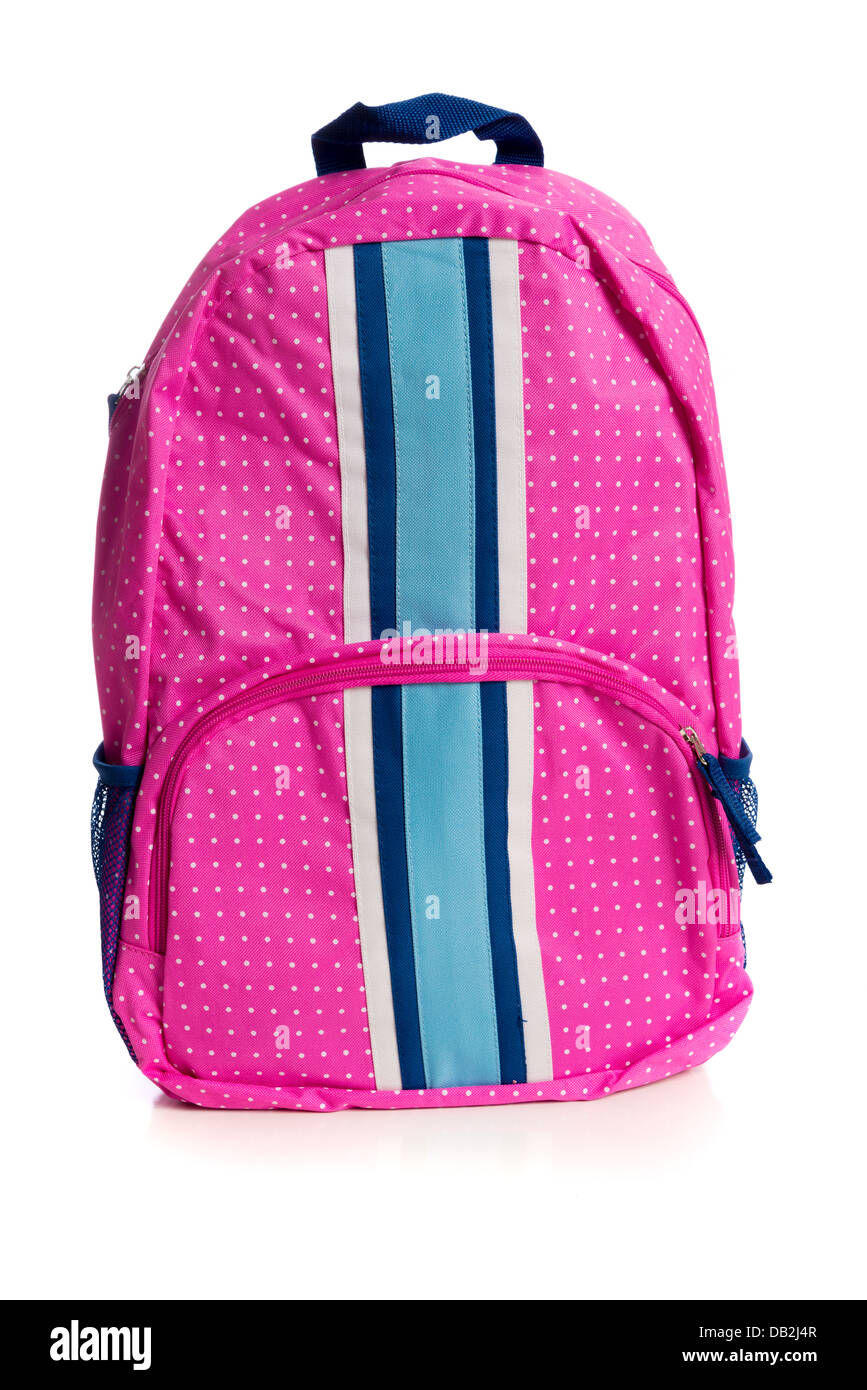 A pink polka dotted backpack on a white background Stock Photo - Alamy