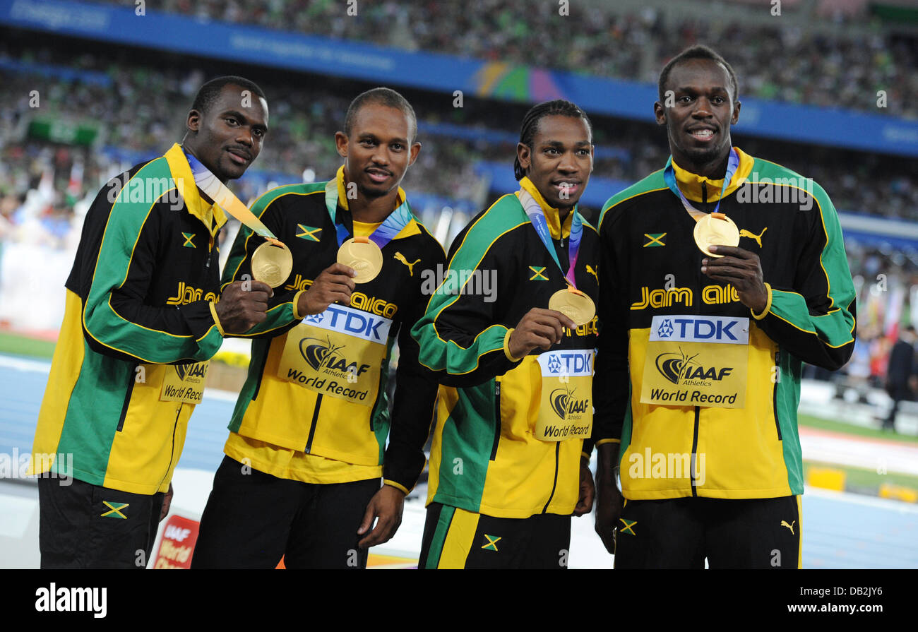 Team Jamaica Usain Bolt (R), Yohan Blake (2nd-R) Michael Frater (2nd-L ...