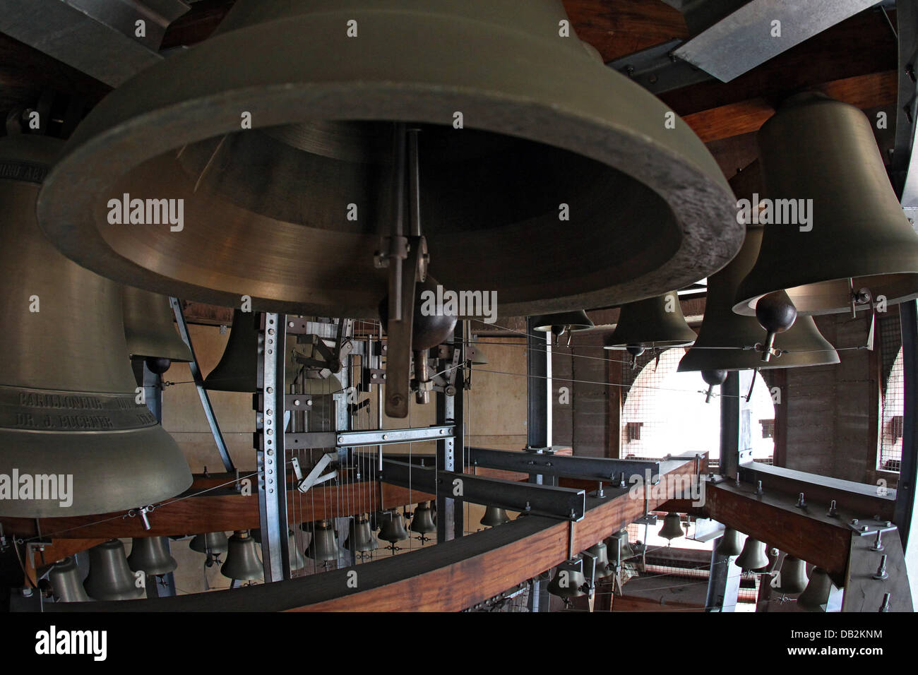 The bells of the carillon are pictured in the bell tower of the Neubau ...