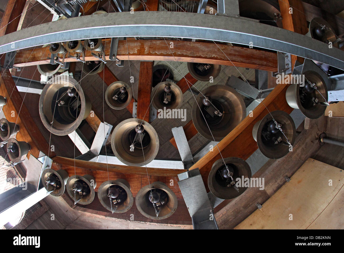 The bells of the carillon are pictured in the bell tower of the Neubau ...