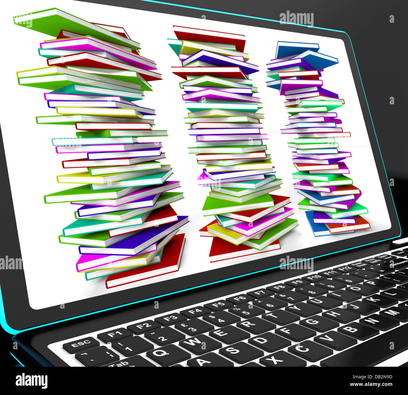 Pile Of Books On Laptop Showing Studying Stock Photo - Alamy