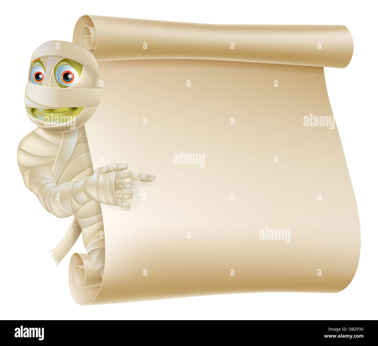 An illustration of a Halloween mummy character peeping round a scroll ...