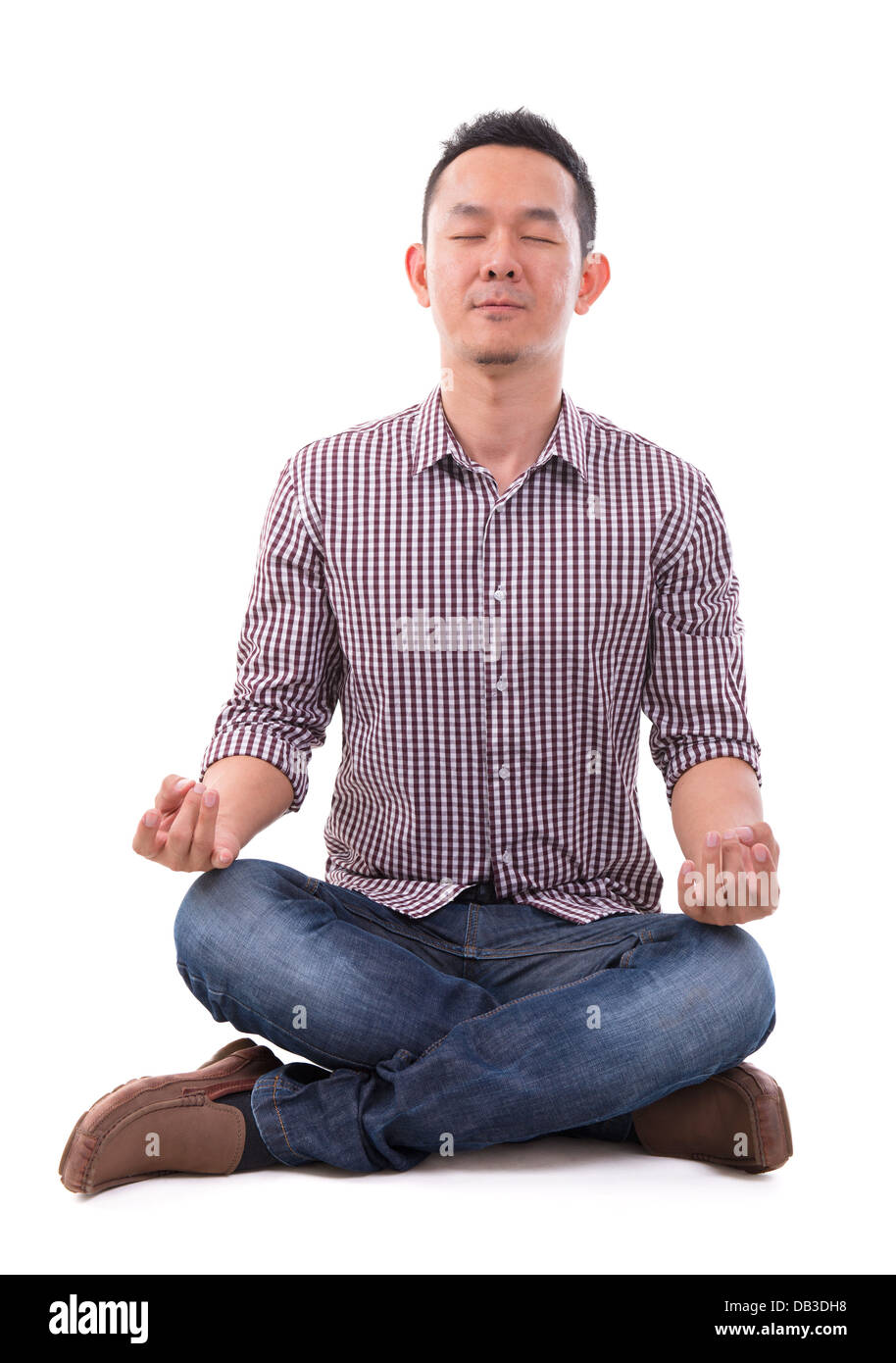 Calm Asian meditation man in lotus position. Full body sitting isolated ...