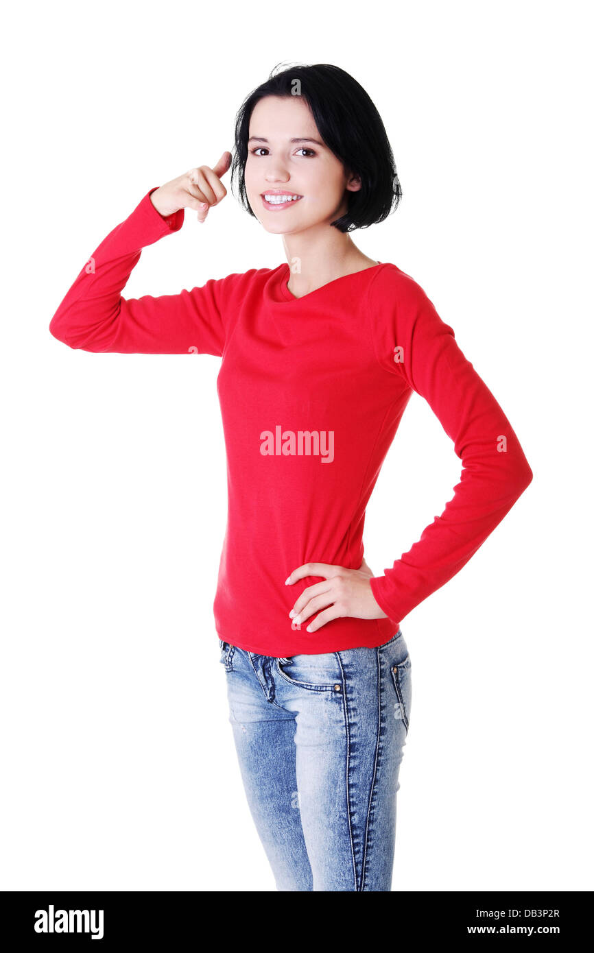 Young happy woman gesturing "call me" , isolated on white Stock Photo ...