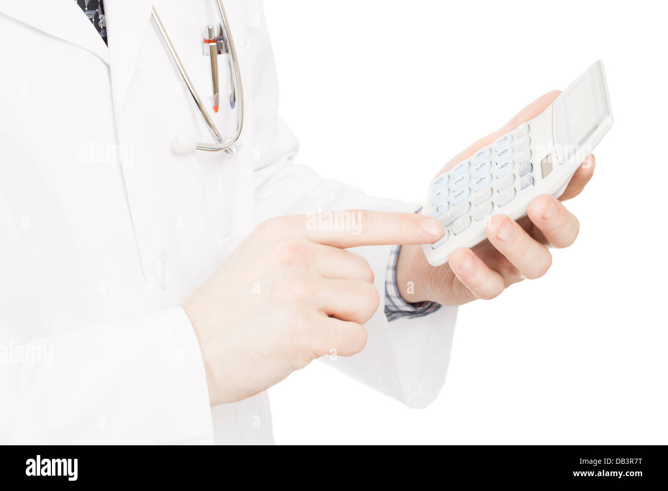 Medical doctor with a calculator in his left hand calculating costs and ...