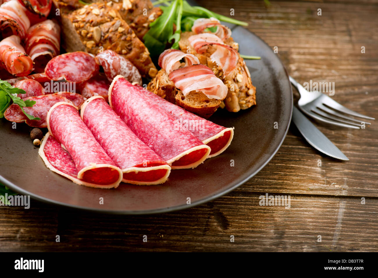 Sausage. Various Italian Ham, Salami and Bacon Stock Photo - Alamy