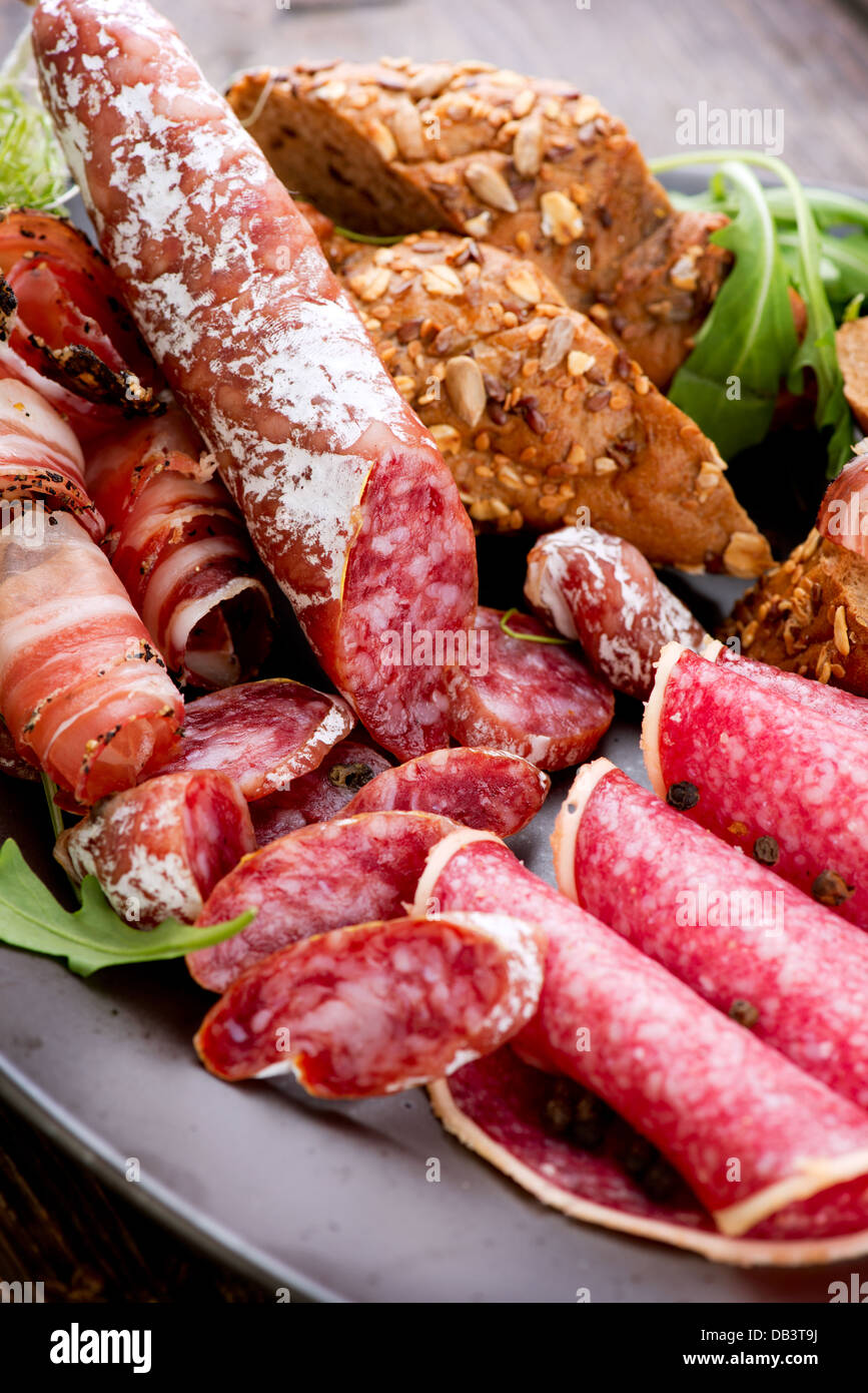Sausage. Various Italian Ham, Salami and Bacon Stock Photo - Alamy