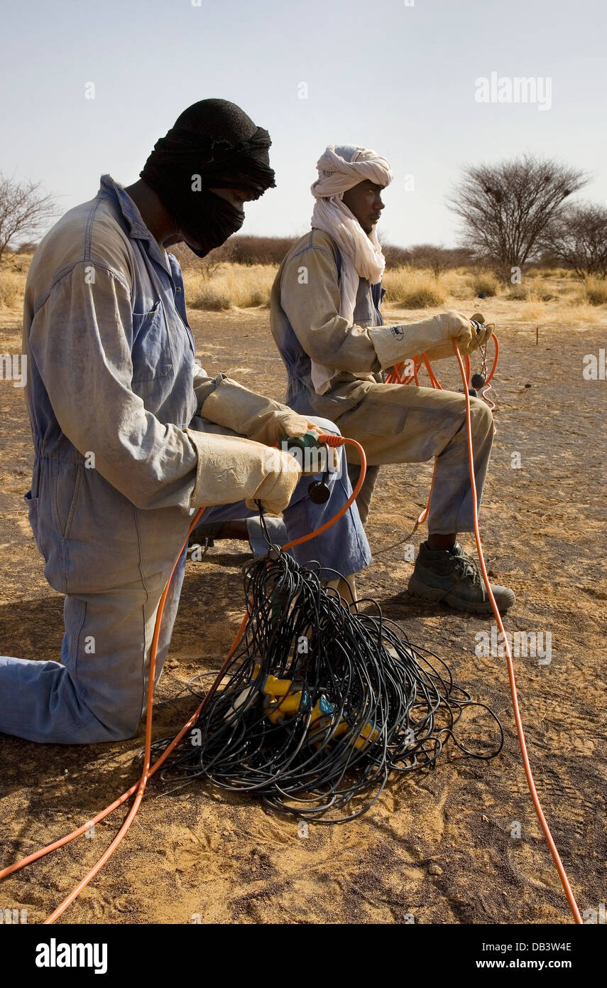 Geo Physical Survey during seismic oil exploration. Crew connecting ...