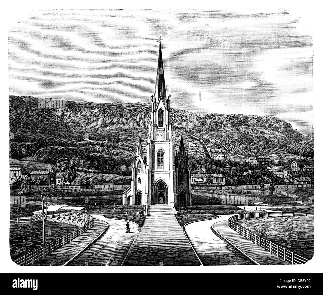 geography / travel, Norway, Drammen, new church, wood engraving, circa ...