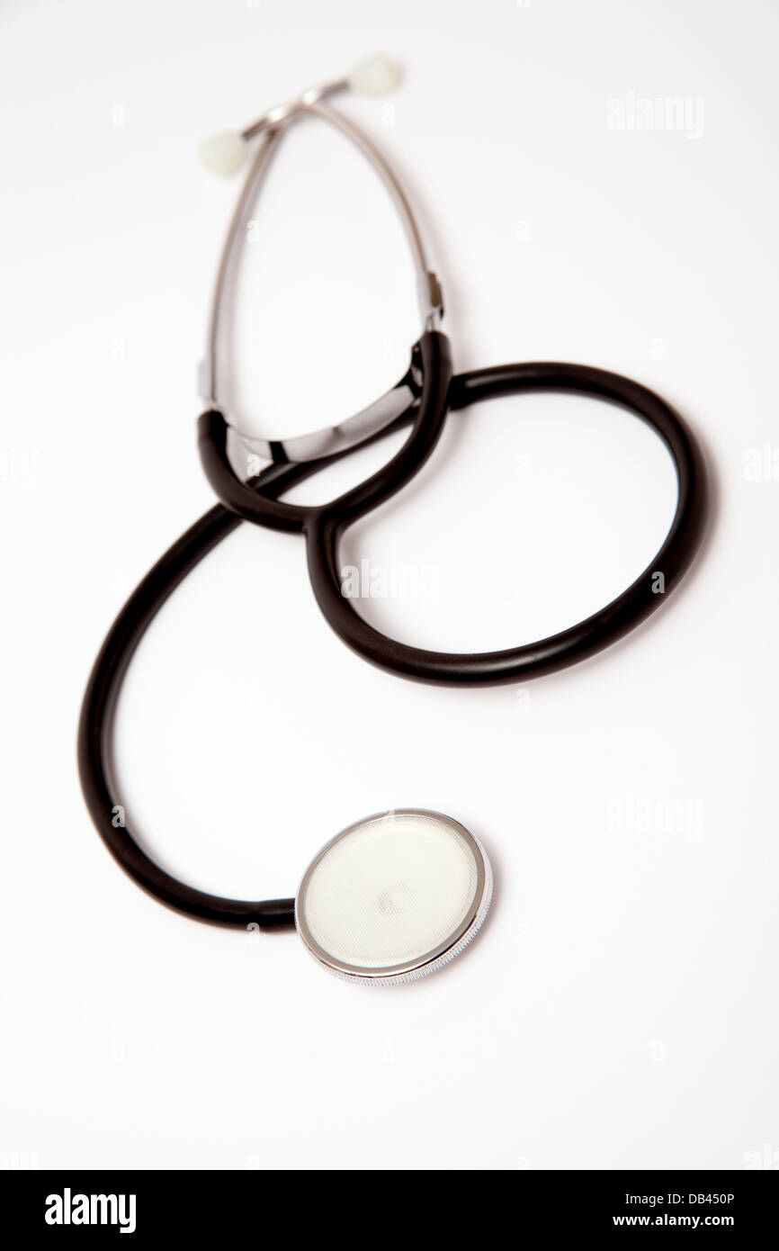 Angled overhead view of doctor's stethoscope on a white background ...