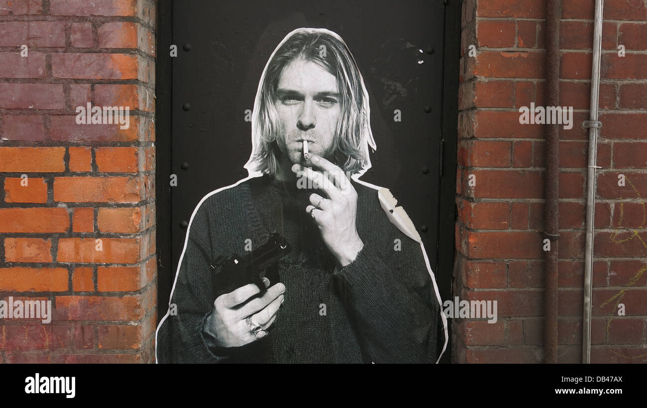 Image of street art on a door depicting Nirvana frontman Kurt Cobain ...