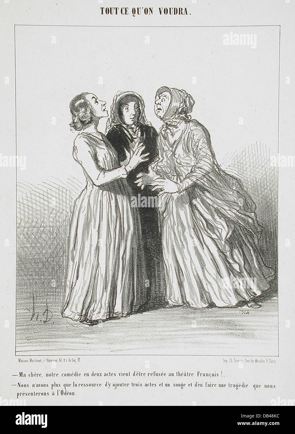 This lithograph depicts a scene of theatrical rejection, where a comedy ...