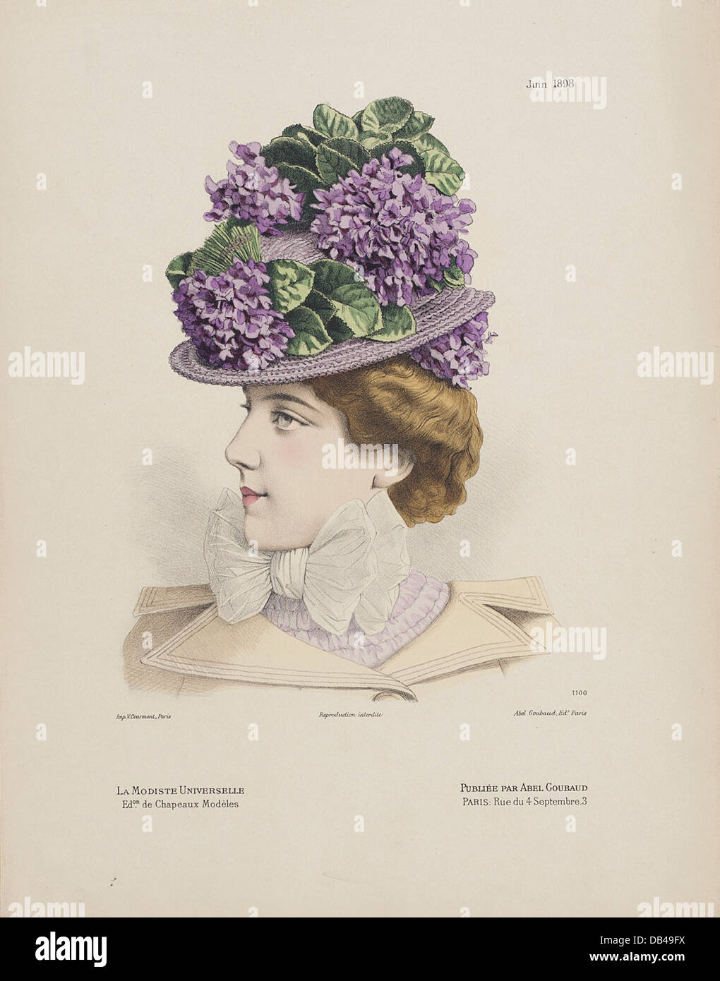 This print, depicting a millinery design, showcases 19th-century ...