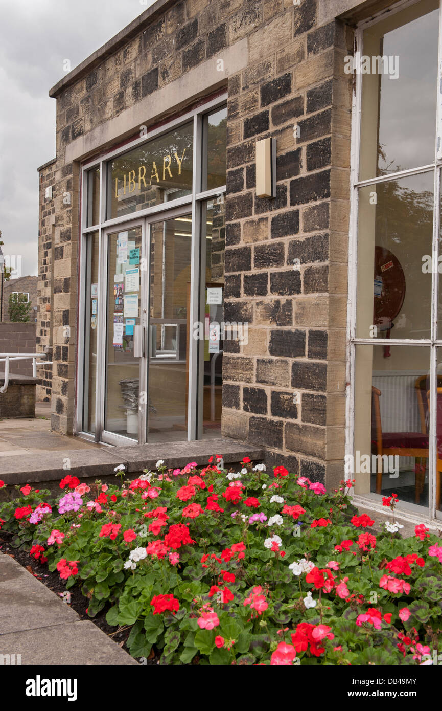 Close-up of entrance doorway of Menston Library with name sign over ...