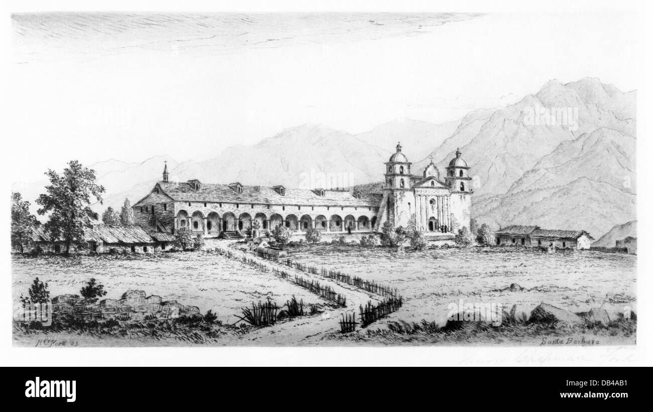 This painting depicts the Mission Santa Barbara, showcasing the ...