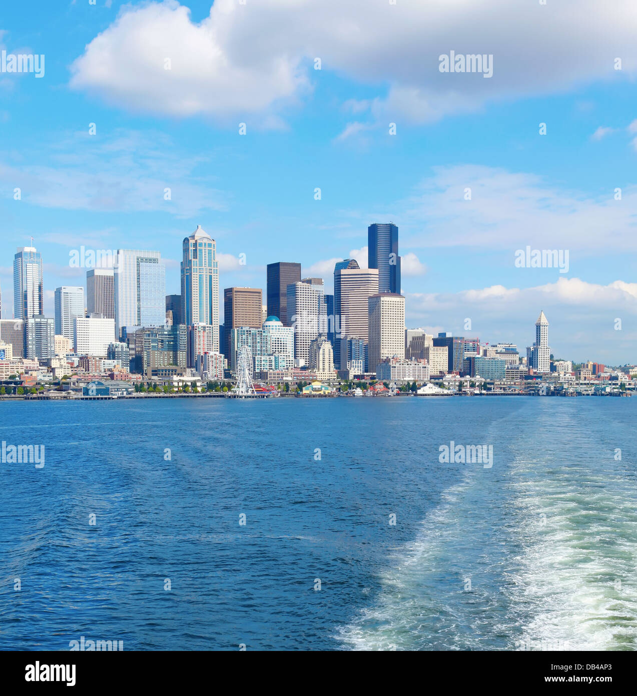 Seattle waterfront Pier 55 and 54. Downtown view from ferry Stock Photo ...