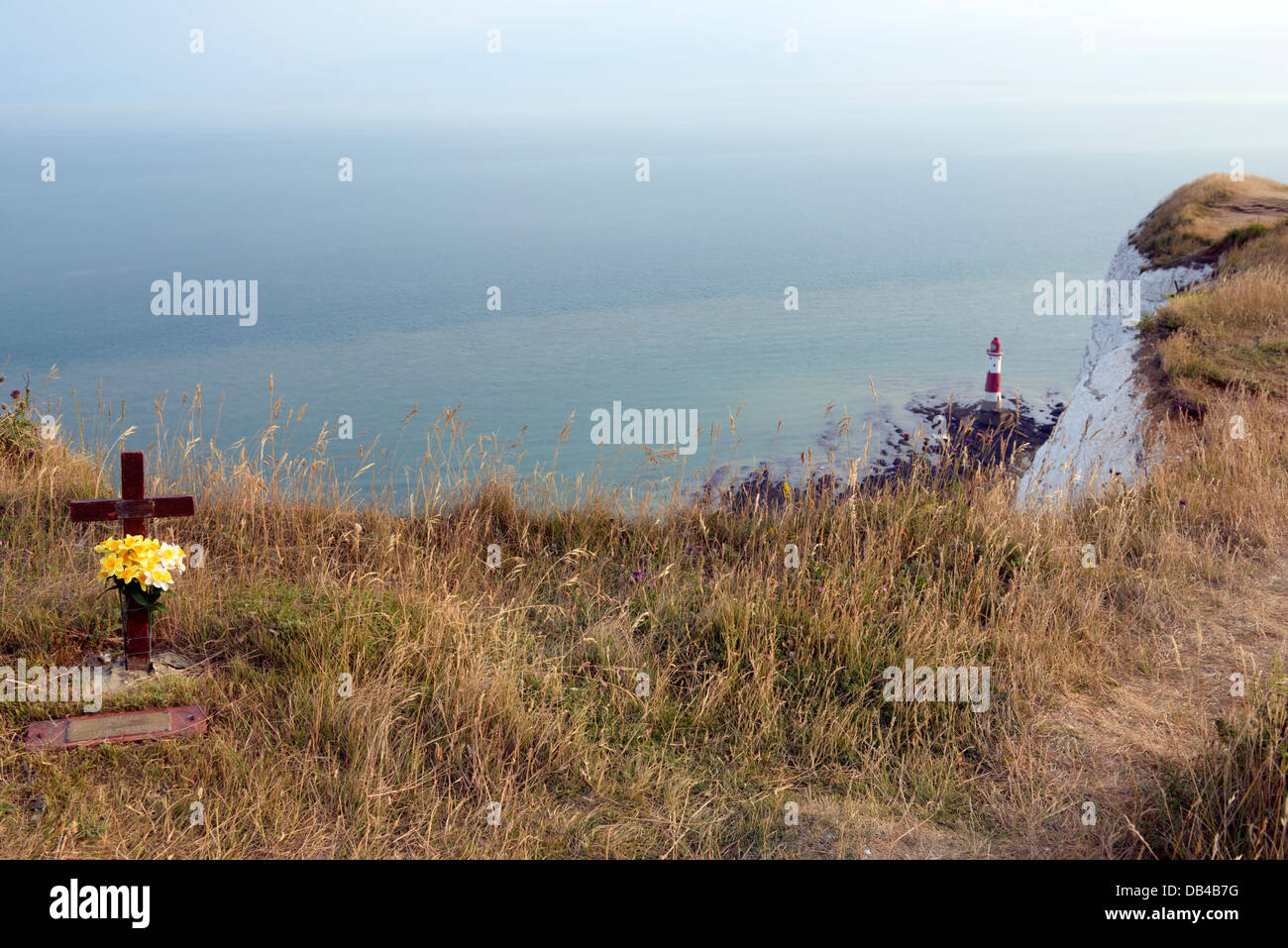Reminder of tragedy at Beachy Head - a small cross as a memorial to ...