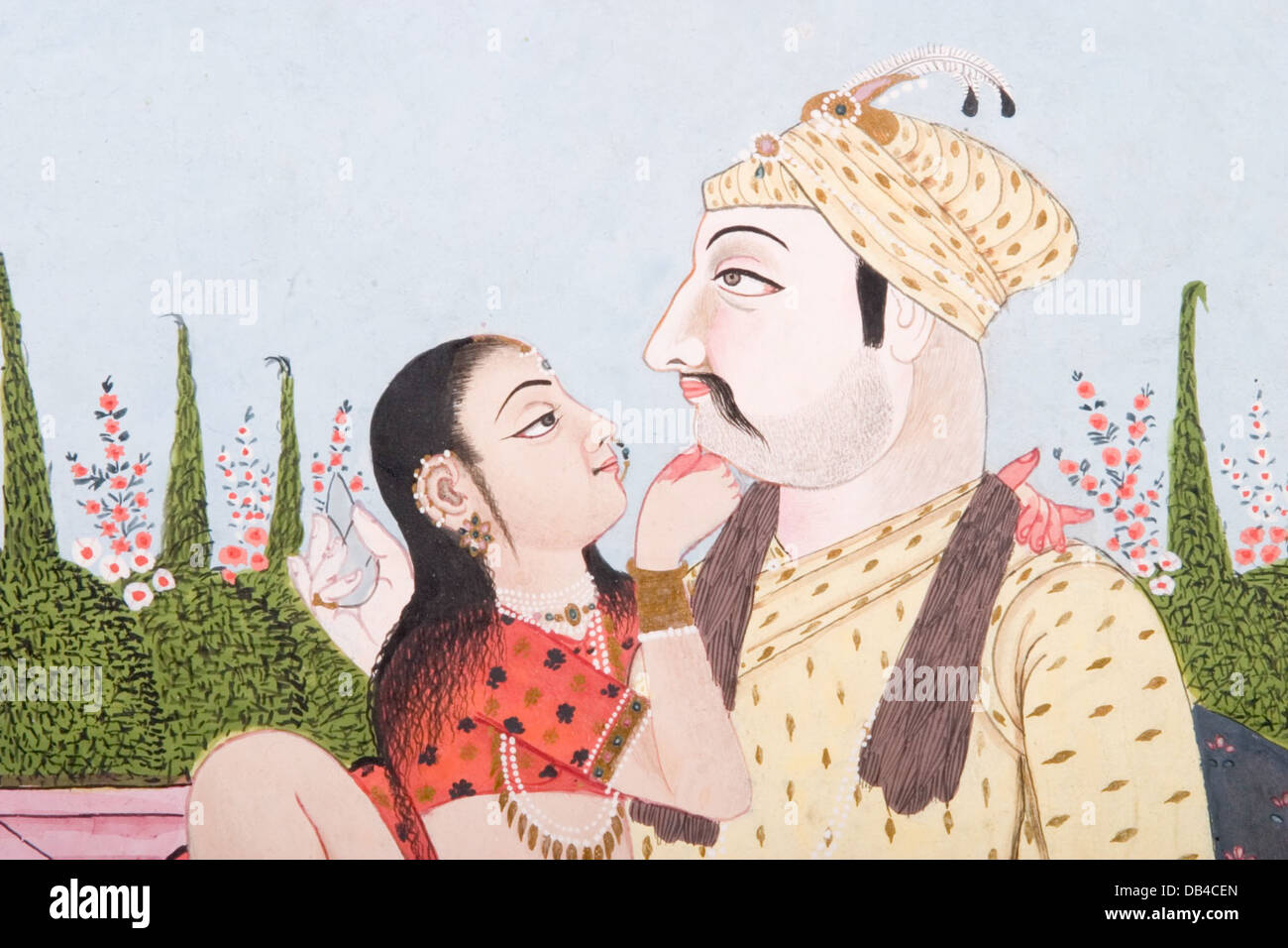 This artwork depicts Muhammad Shah, Mughal emperor, and a woman in an ...