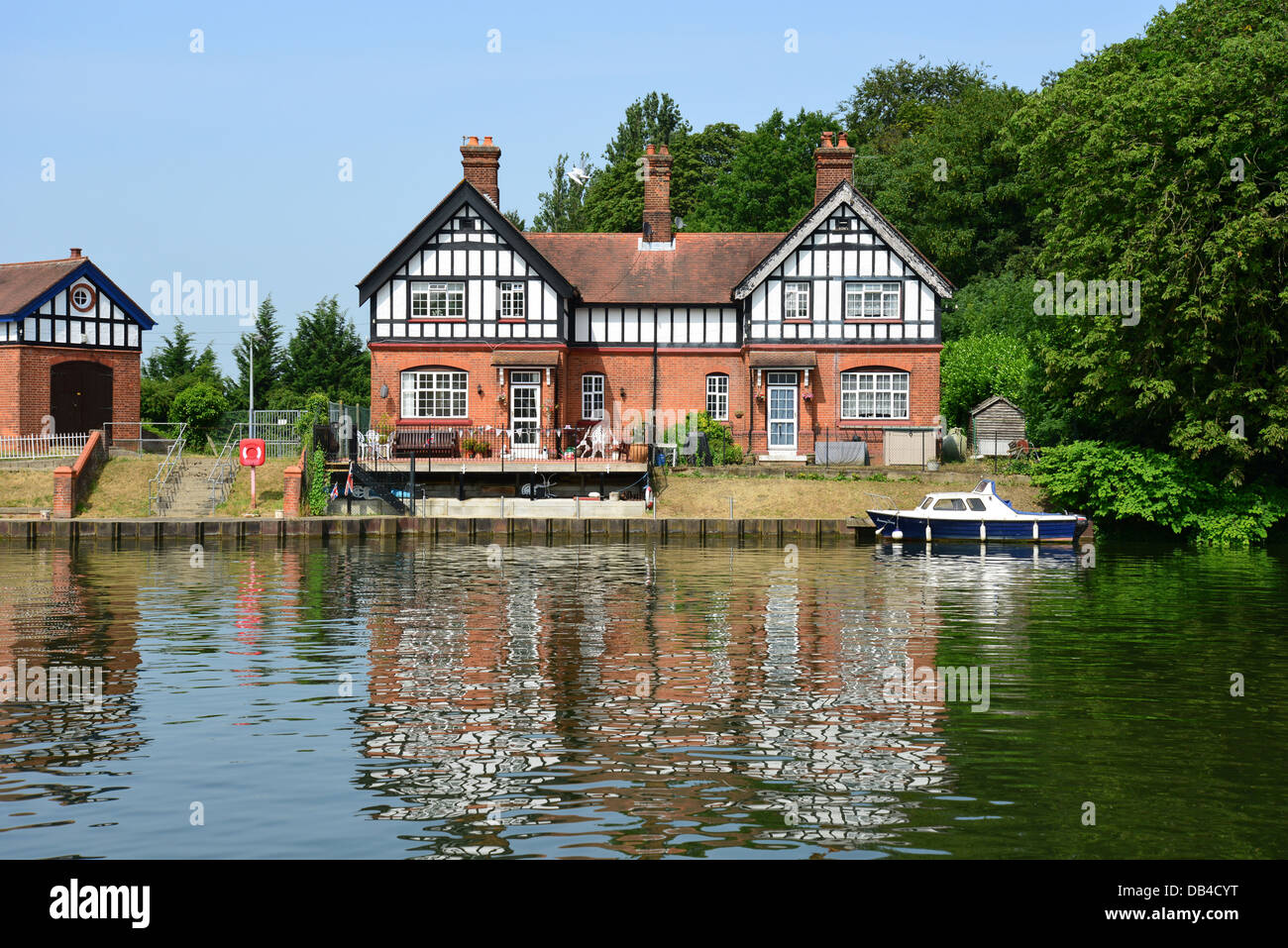 Mock Tudor house on River Thames, Runnymede, Surrey, England, United ...