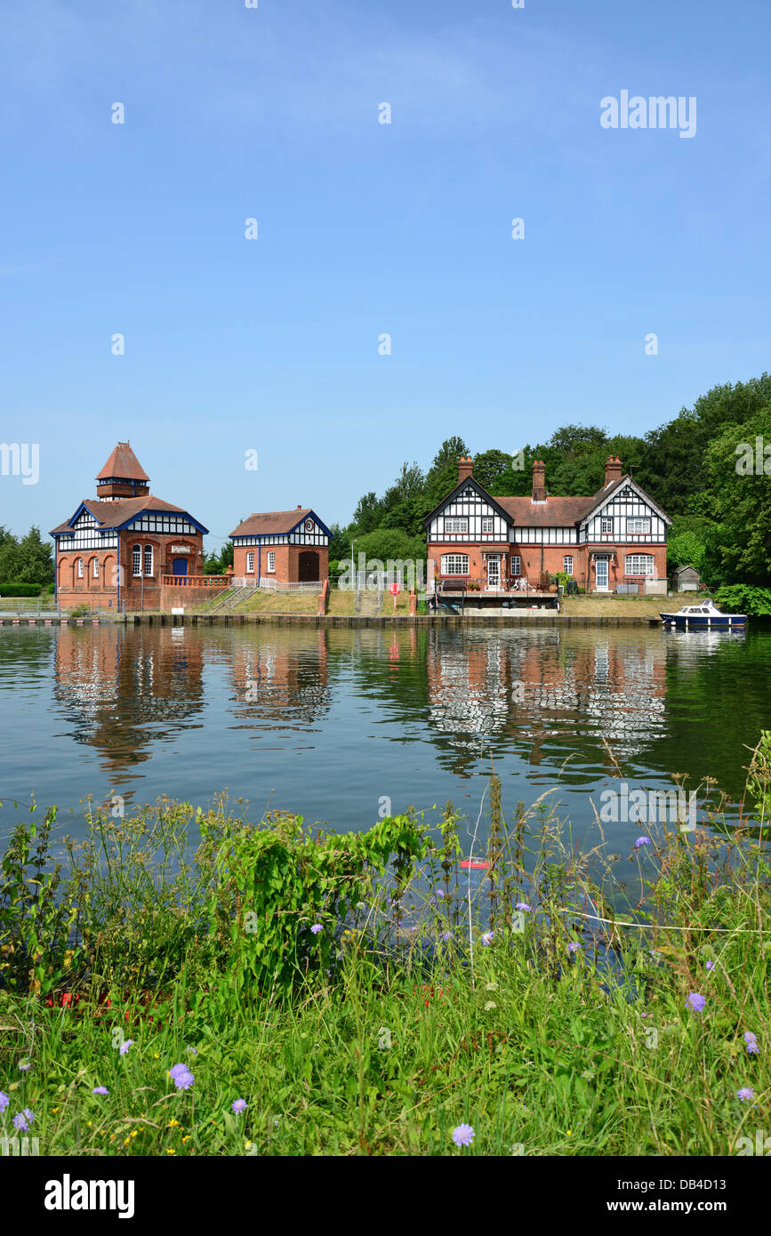 Mock Tudor house and pump house on River Thames, Runnymede, Surrey ...