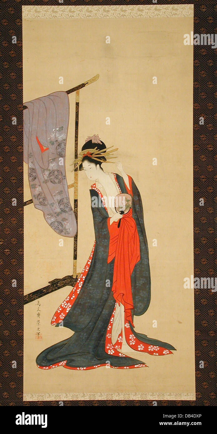 This painting portrays an oiran, a high-ranking courtesan, dressed in a ...