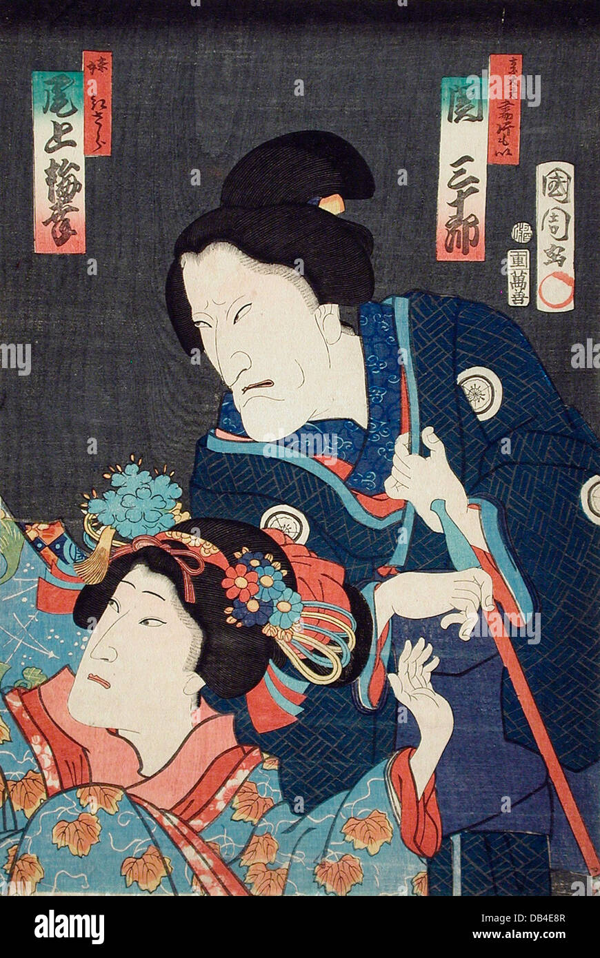 A woodblock print depicting the famous Kabuki actors Onoe Baiko and ...