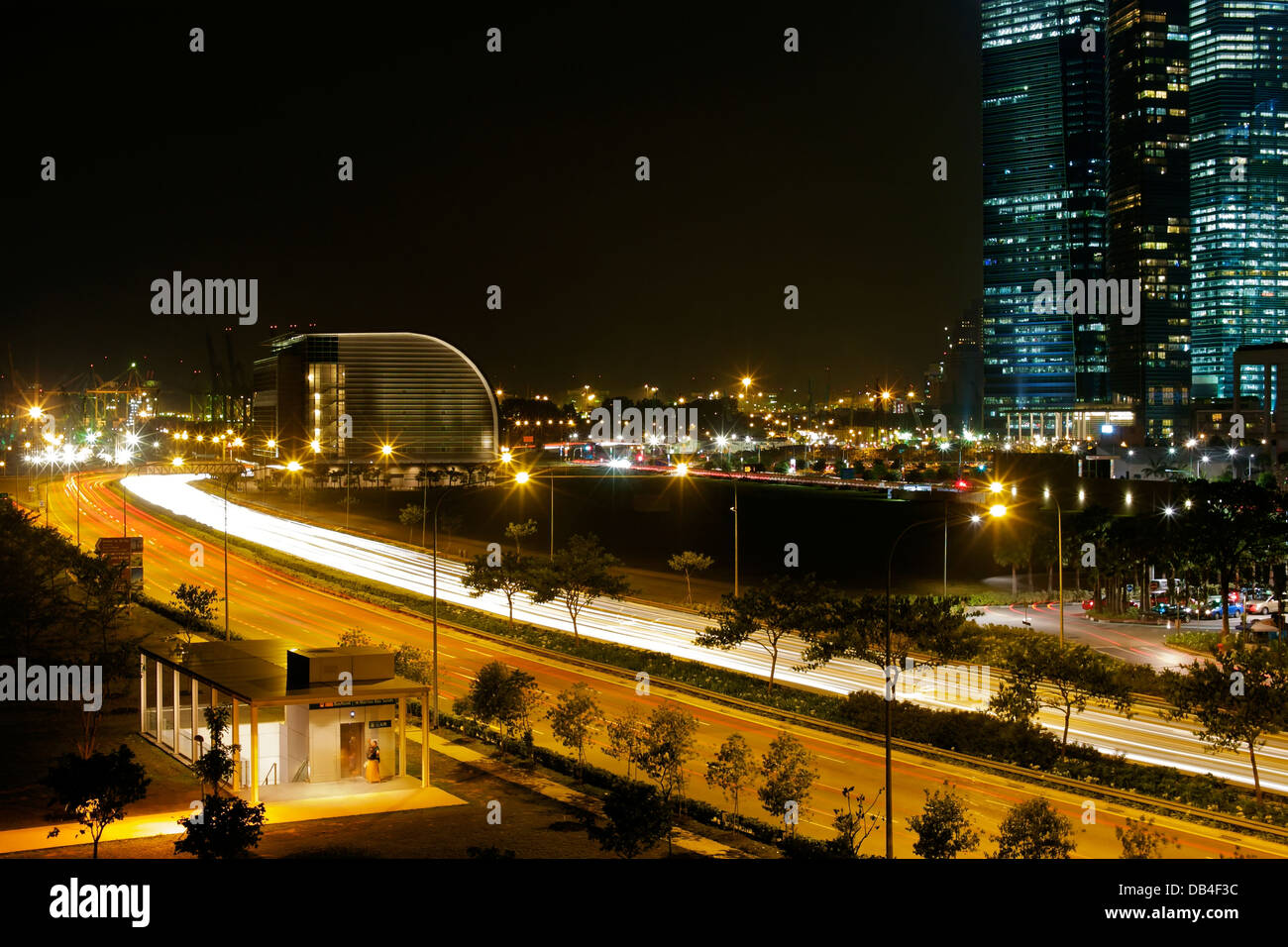 Night view of the new Marina Bay Financial Centre and the Bayfront MRT ...