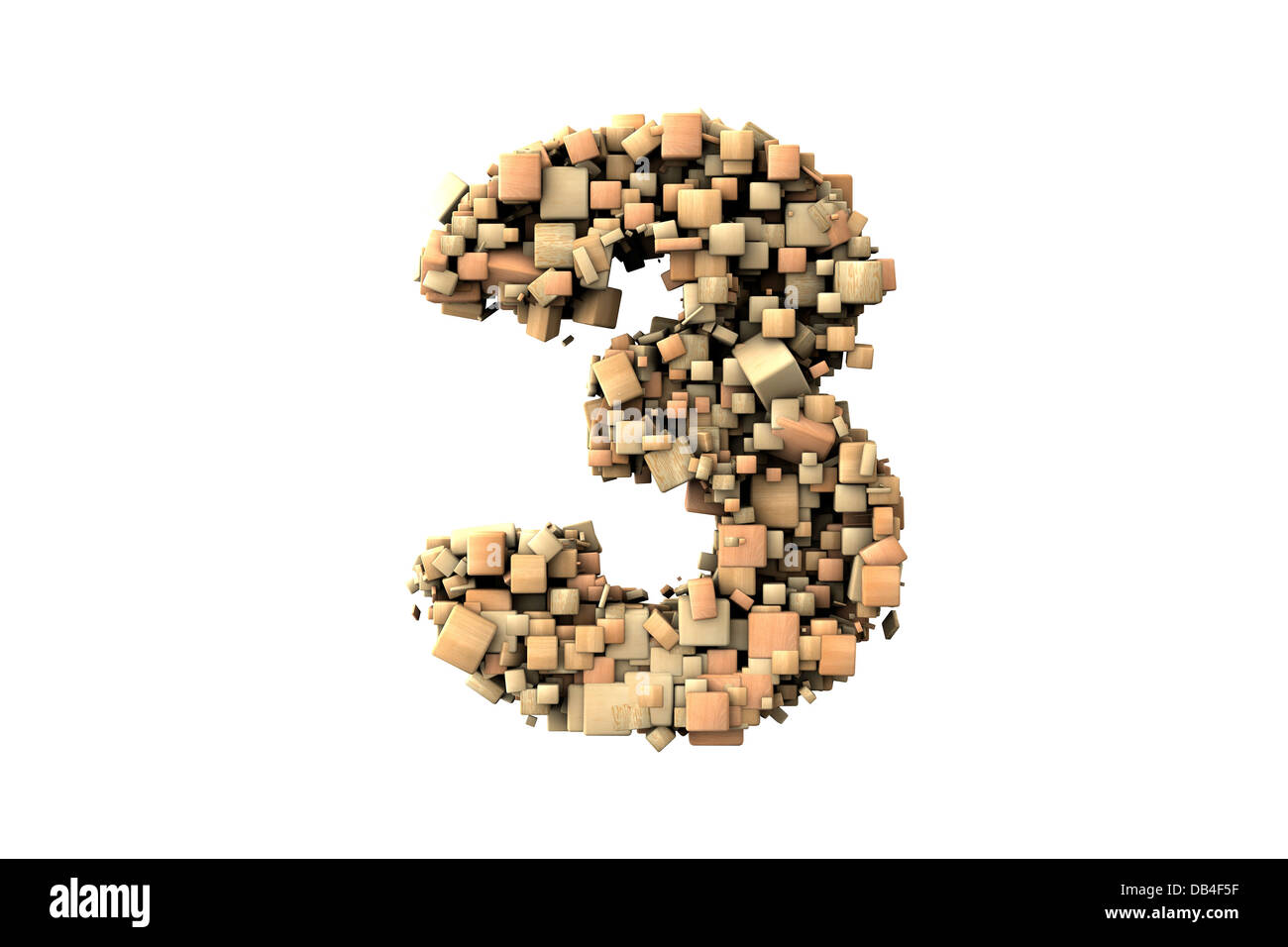 Number three shape build with wood particles, over white background ...