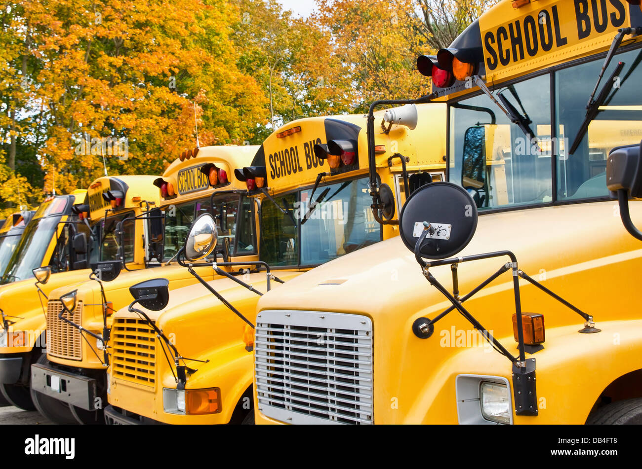 Row of yellow school buses against autumn trees Stock Photo - Alamy