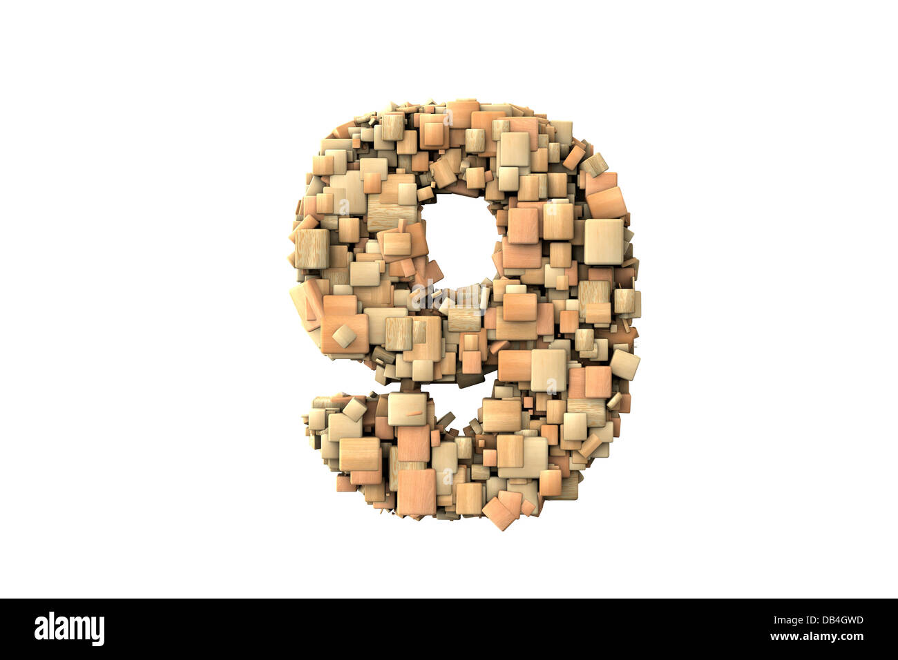 Number nine shape build with wood particles, over white background ...