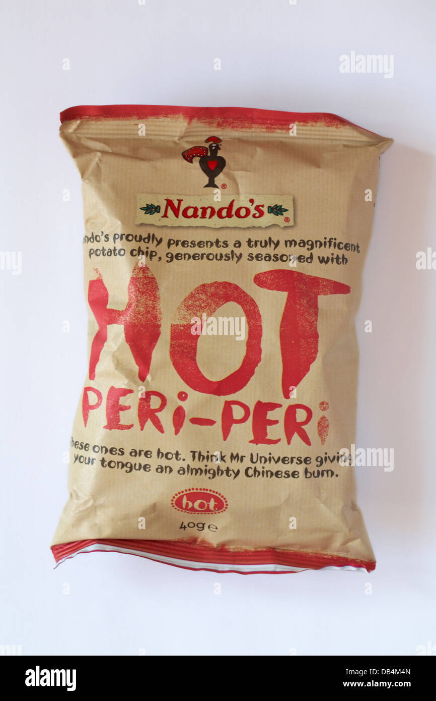 Packet of Nando's Hot peri-peri potato chips isolated on white ...