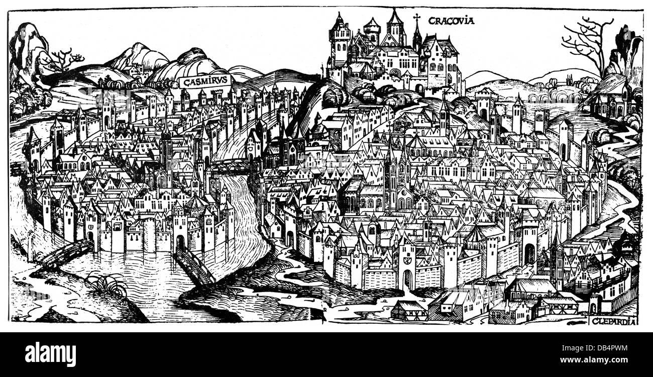 geography / travel, Poland, Krakow, view, woodcut by Michael Wolgemut ...