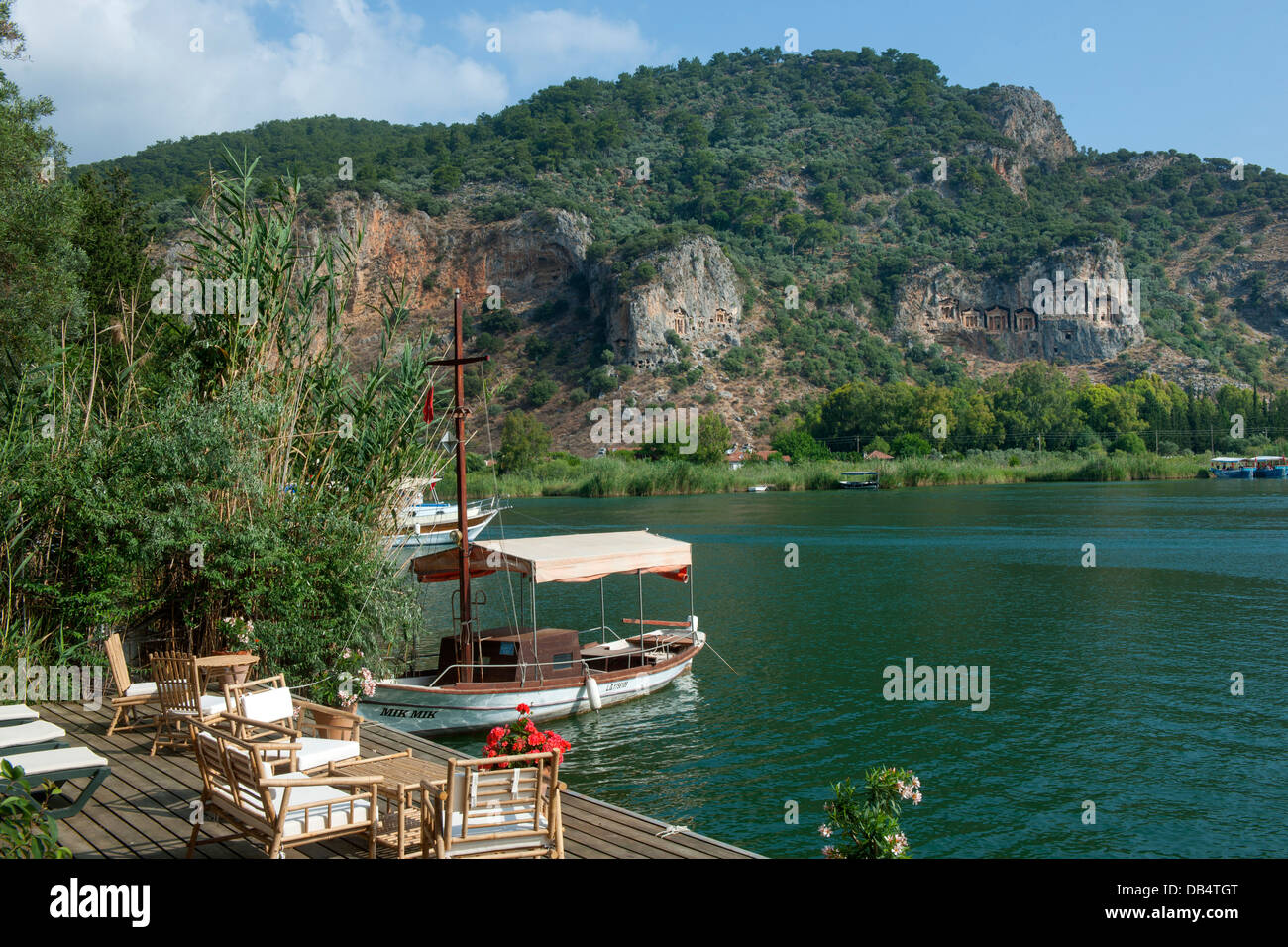 Türkei, Provinz Mugla, Dalyan, Terrasse des Hotel Happy Caretta, Blick ...
