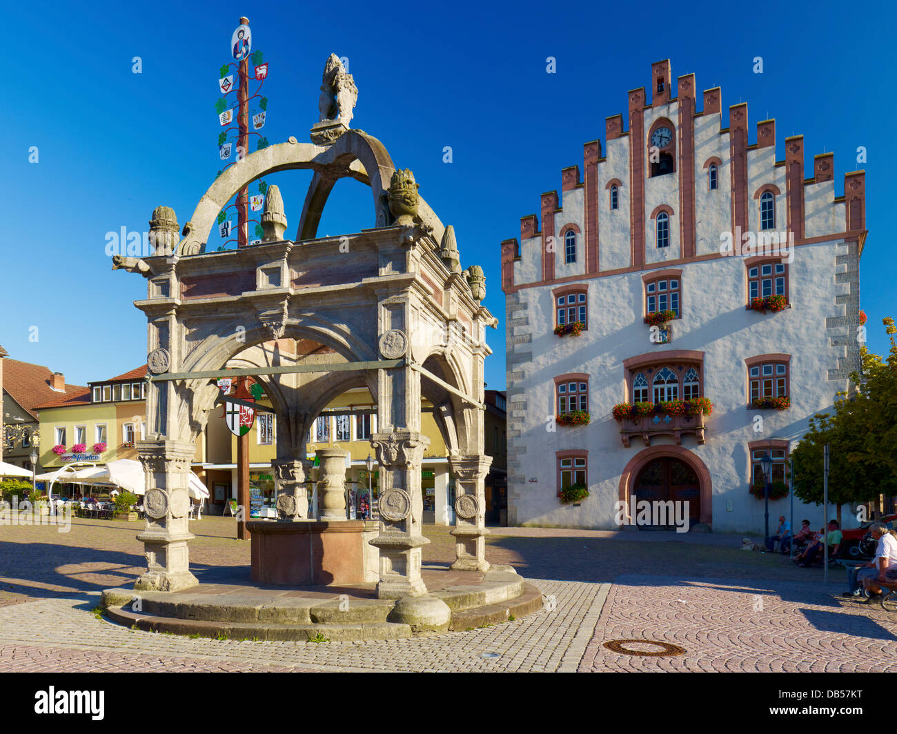 Market Square with fountain and Town Hall in Hammelburg, Bad Kissingen ...