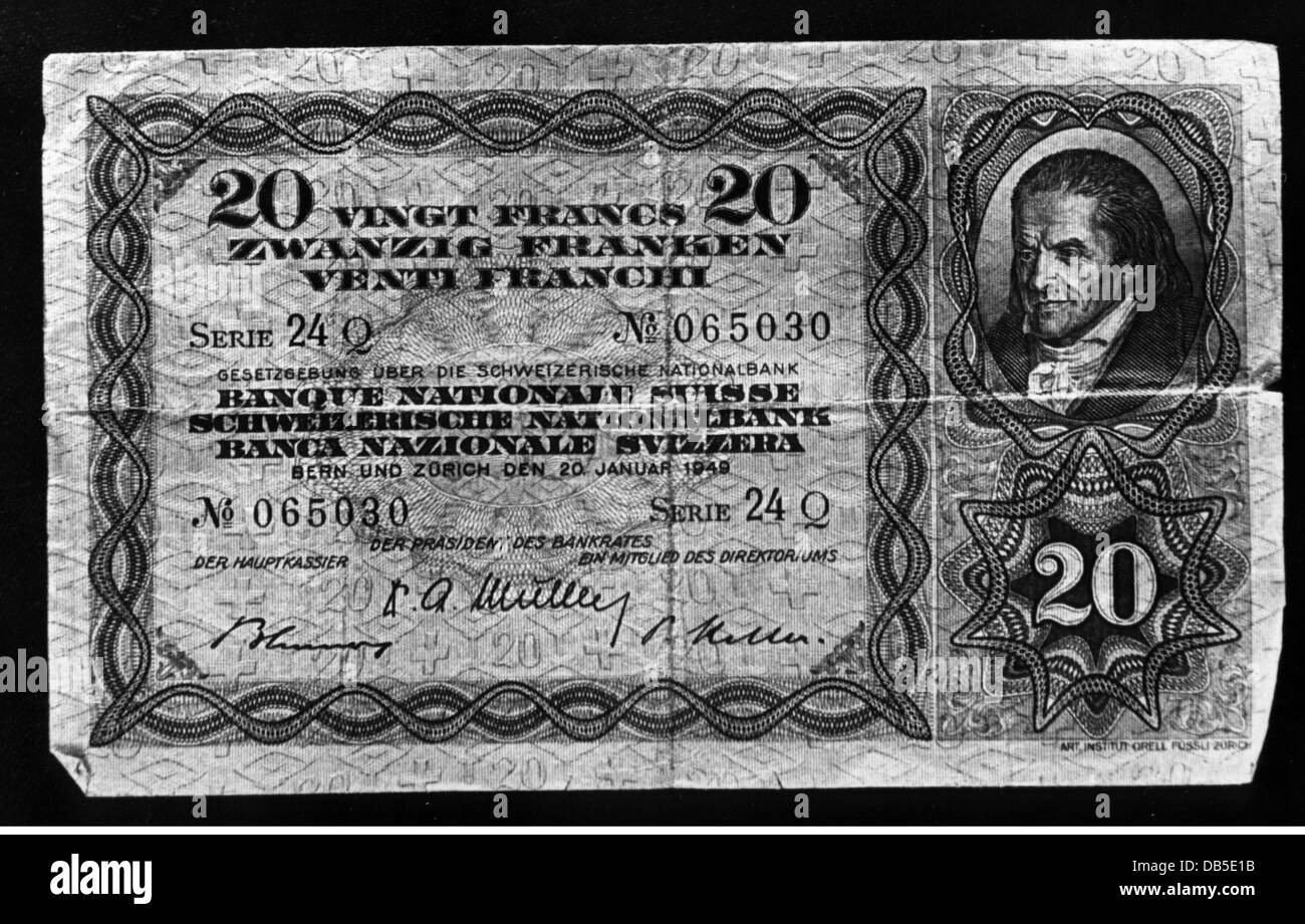 money / finance, banknotes, Switzerland, 20 Franc, Swiss National Bank ...