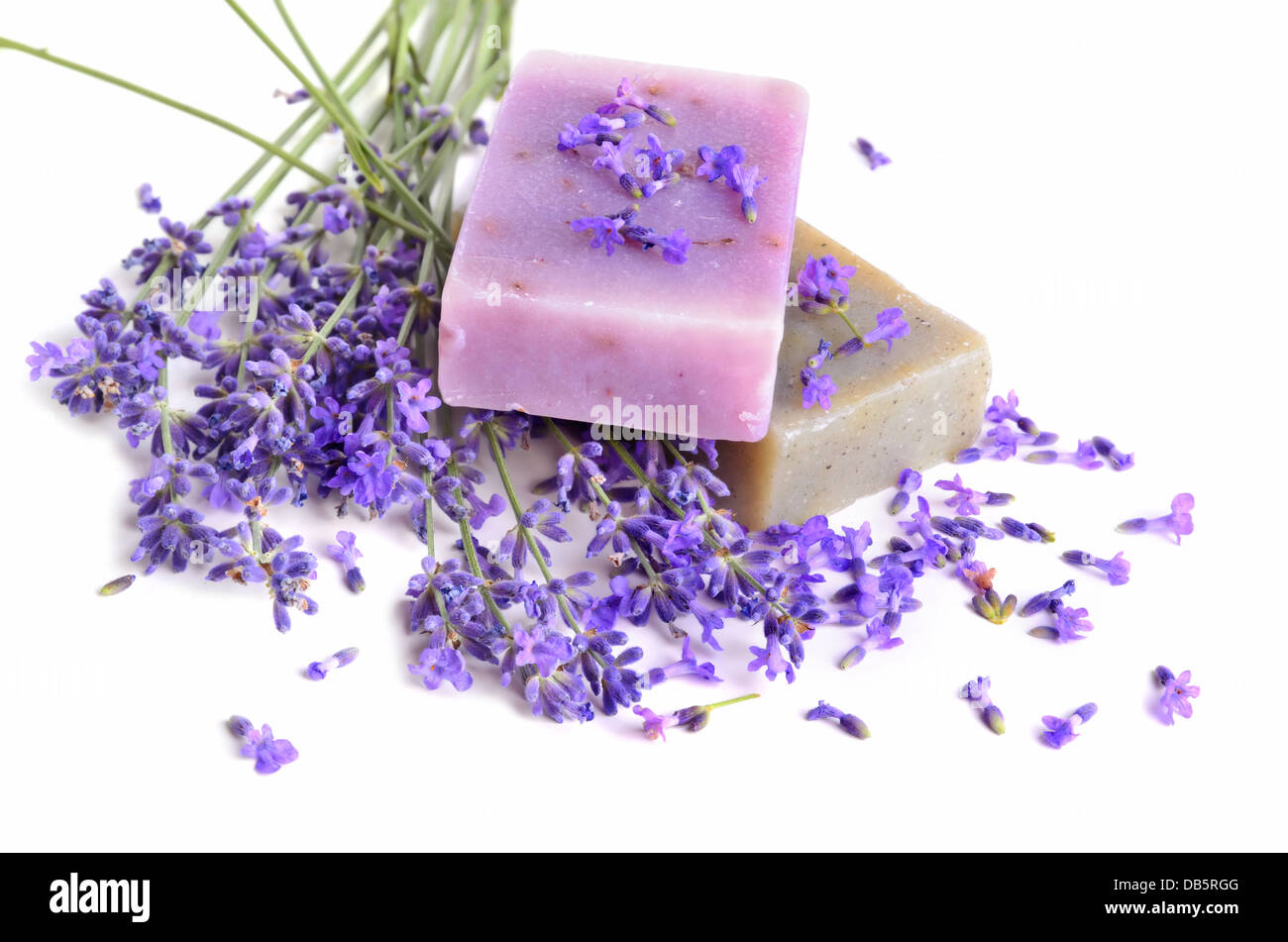 Bars of handmade soaps and lavender flowers on white background Stock ...