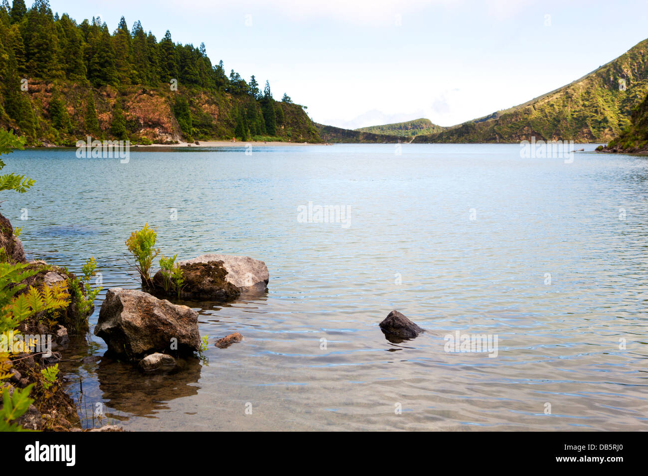 At the shore of Lagoa do Fogo, a volcano crater lake on the island of ...