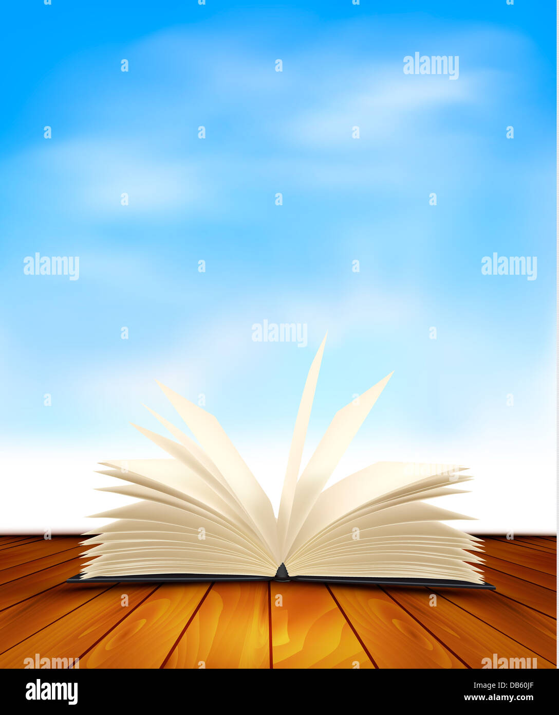 Open book on a wooden floor in front of a blue background. Vector Stock ...