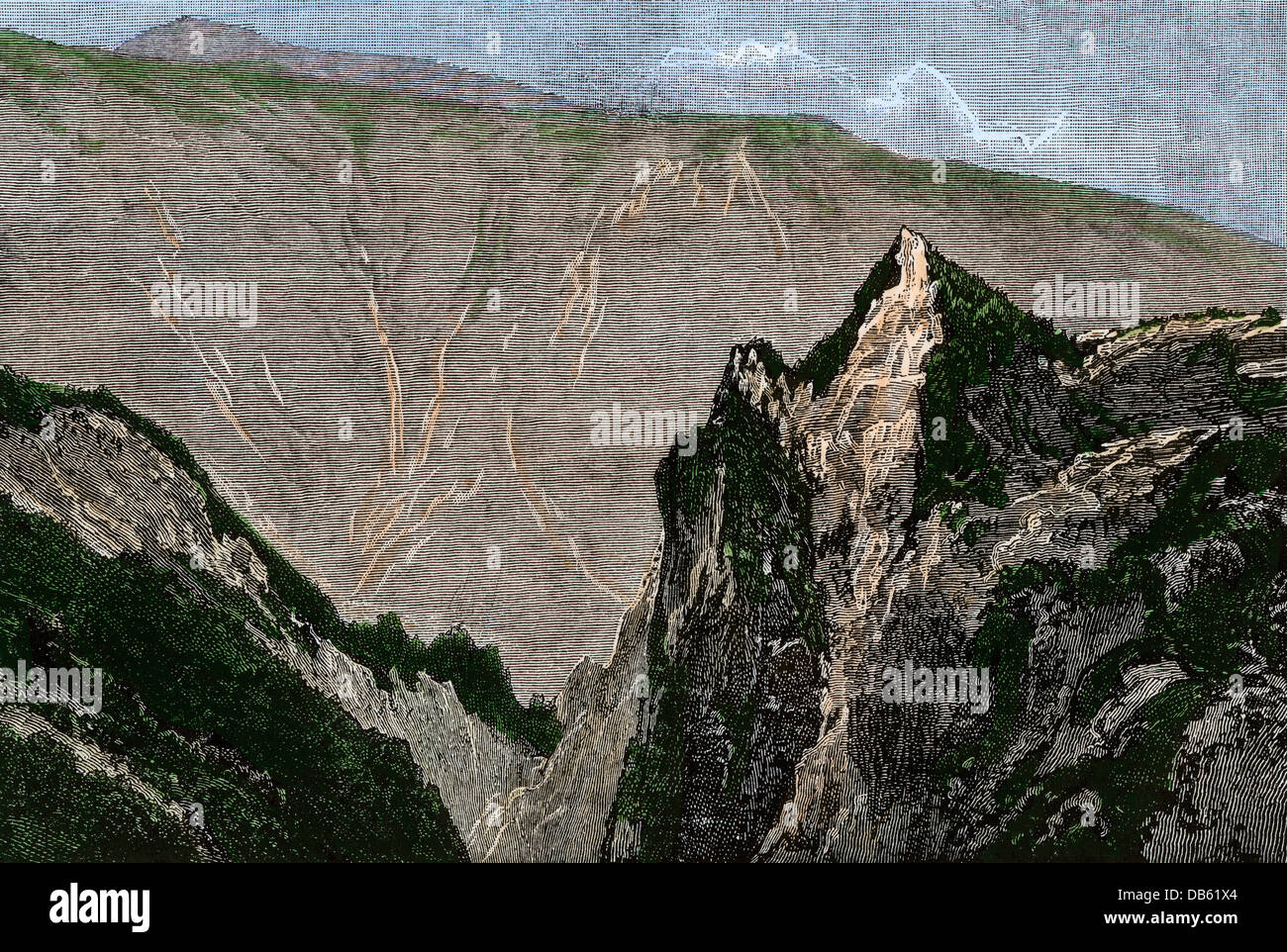 View of the Furnas valley on Sao Miguel Island, Azores, 1800s. Hand ...