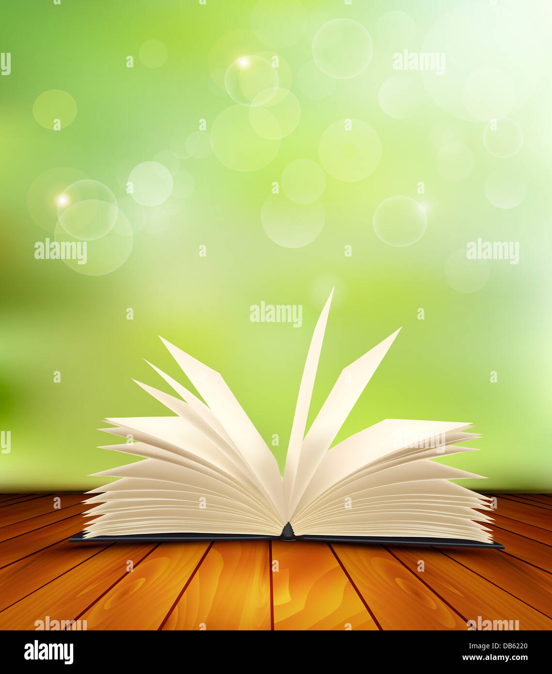 Open book on a wooden floor in front of a green background. Vector ...