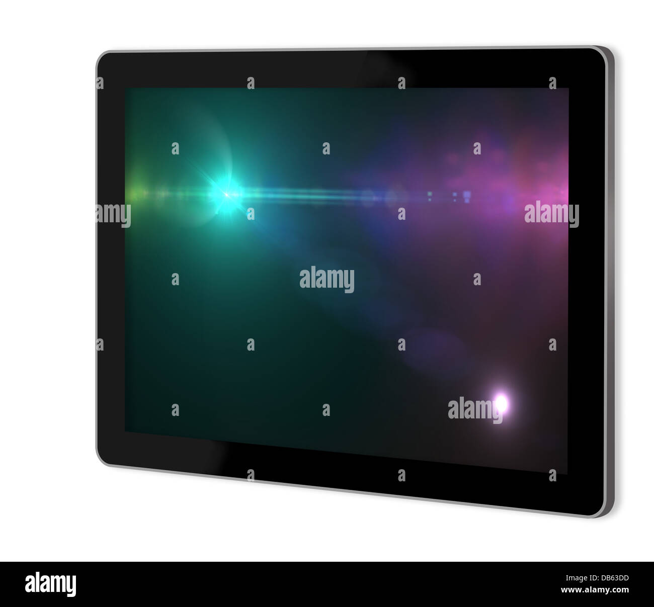 Lens flare effect in space on screen of tablet made in 3d software ...