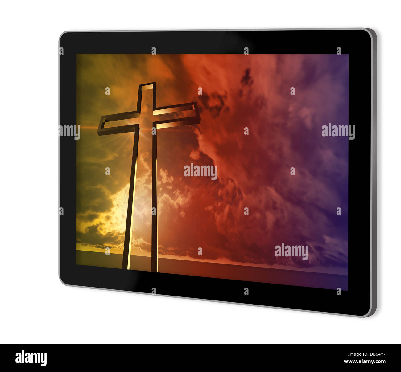 Wooden cross on screen of tablet made in 3d software Stock Photo - Alamy