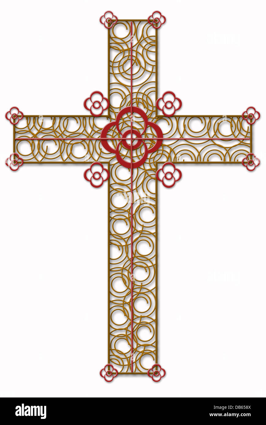 Golden cross with red element against the wihte isolated background ...