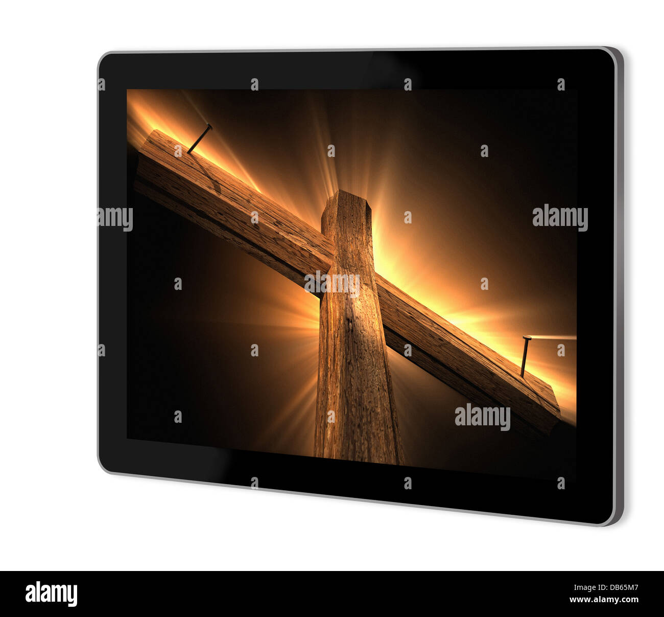 Wooden cross on screen of tablet made in 3d software Stock Photo - Alamy